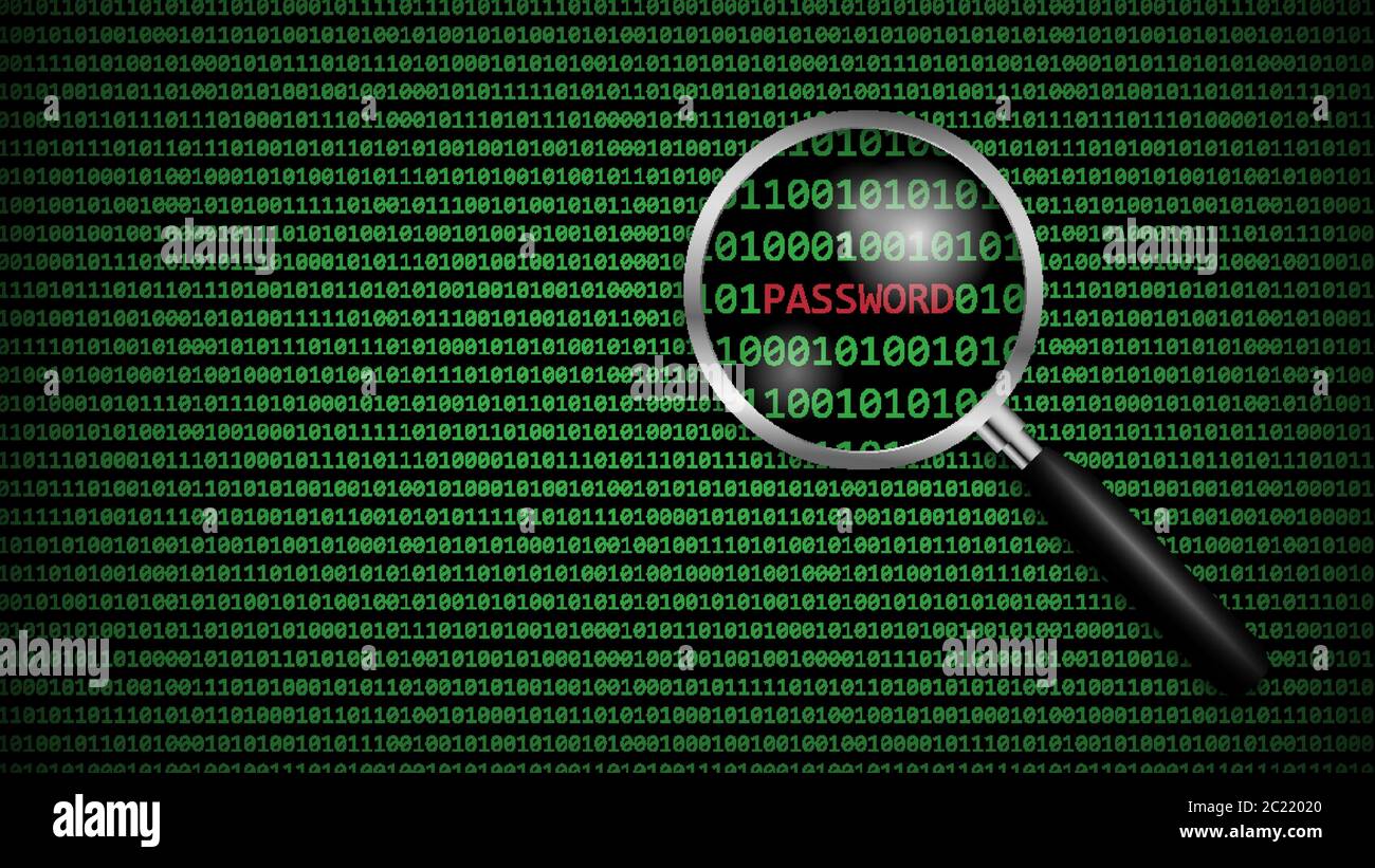 Password under magnifying glass with digital computer code, cyber ...