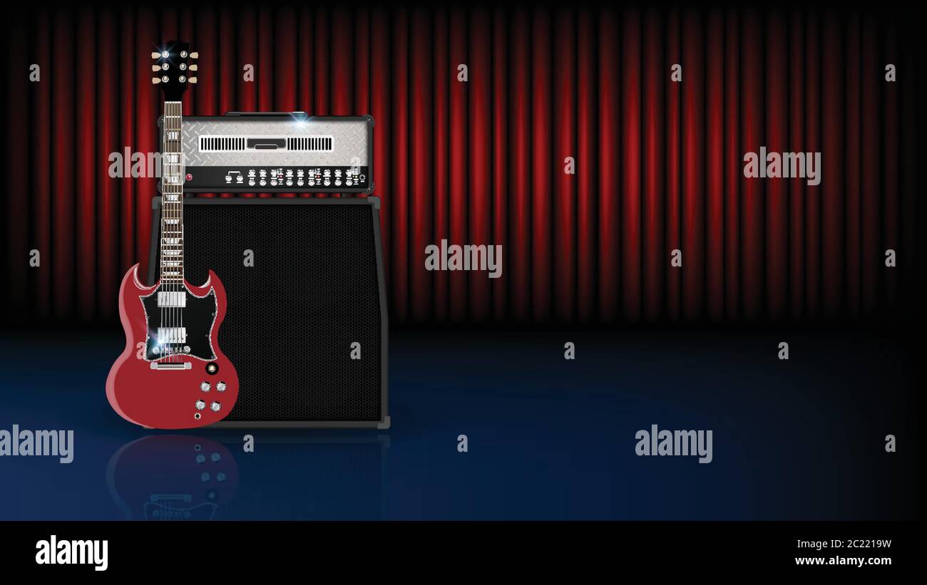 Music background concept, guitar and amplifier on red curtain ...