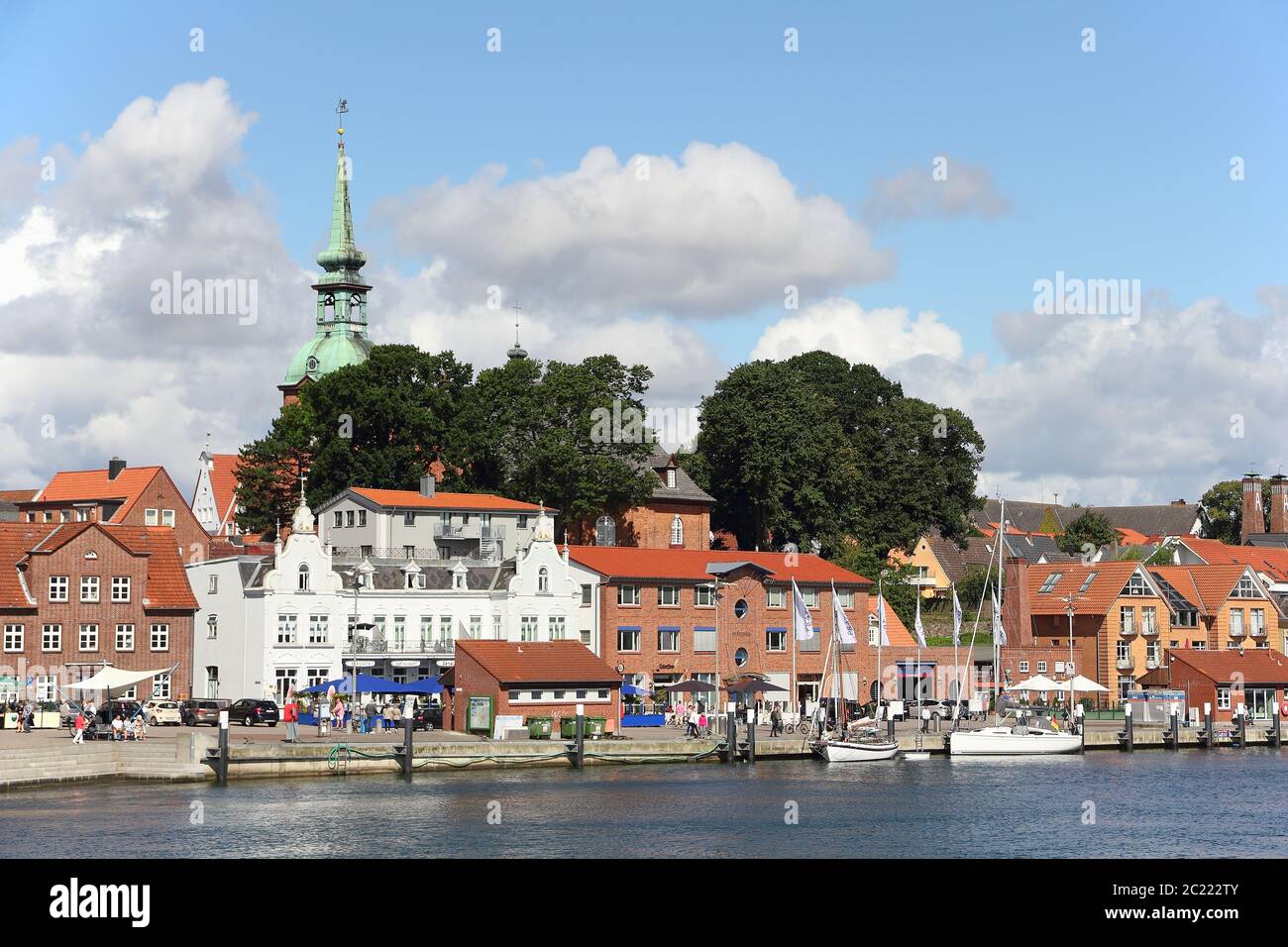 Waterside panorama of Kappeln and steeple of St. Nikolai church Stock ...