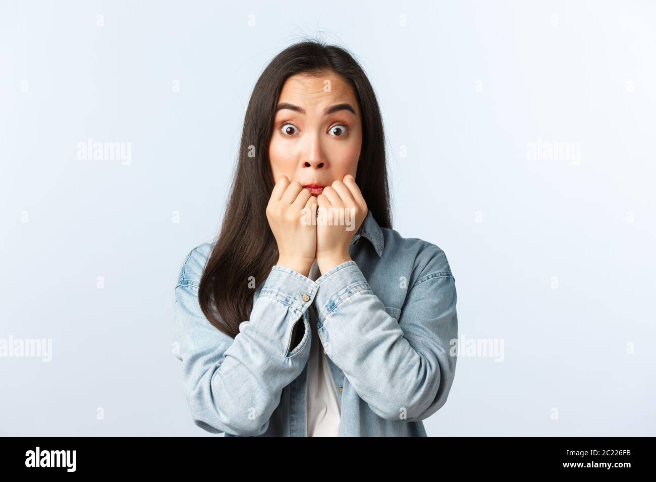 Lifestyle, people emotions and beauty concept. Scared startled asian ...