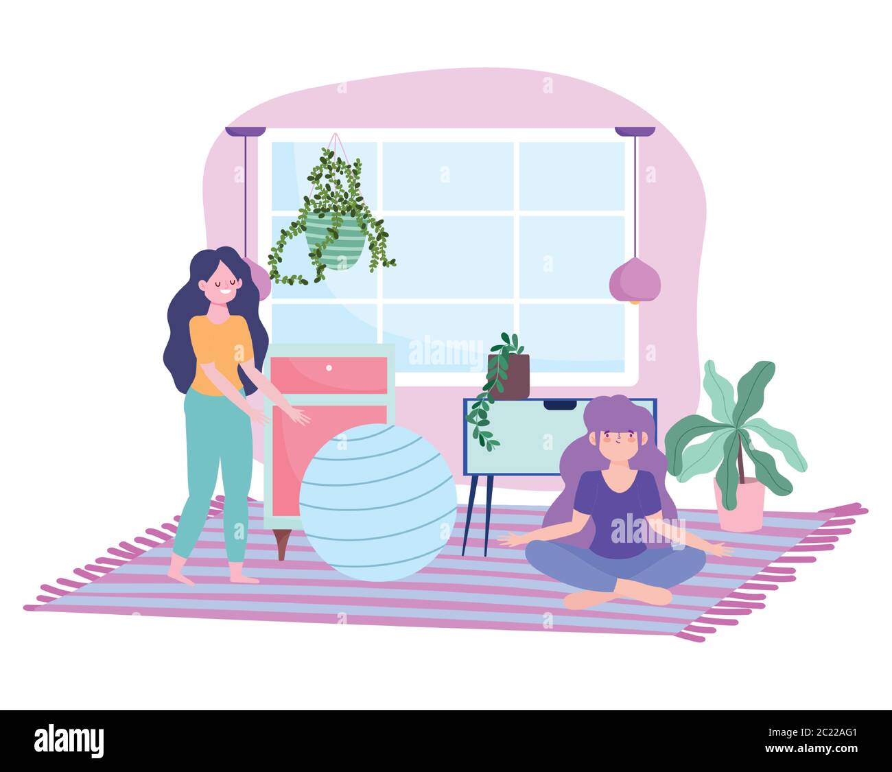 stay at home, girls in the room with fitness ball plants, self ...