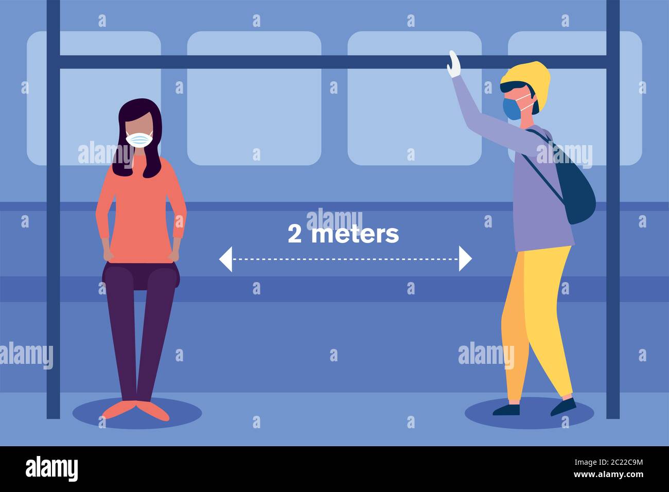 Social distancing between boy and girl with masks at bus station design ...