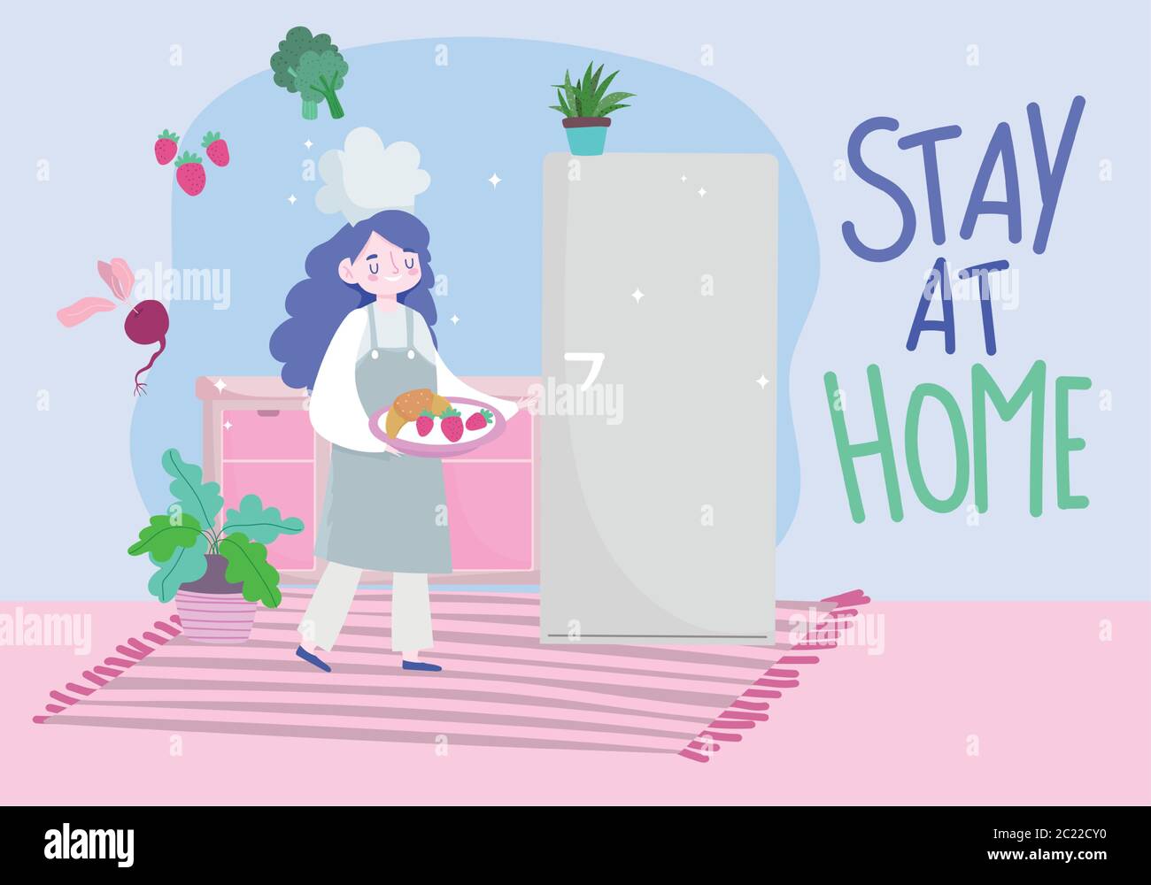 stay at home, woman chef with food in platter, cooking quarantine ...