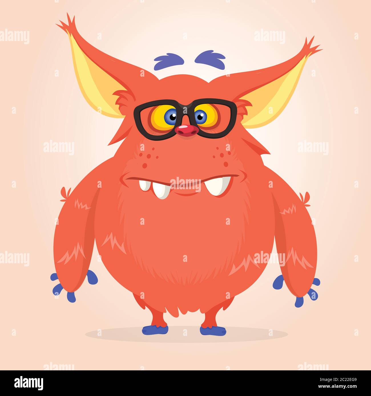 Vector cartoon of a red fat and fluffy Halloween monster with big ears ...