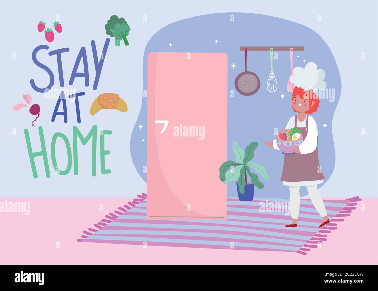 stay home, female cook with bowl full of vegetables, cooking quarantine ...