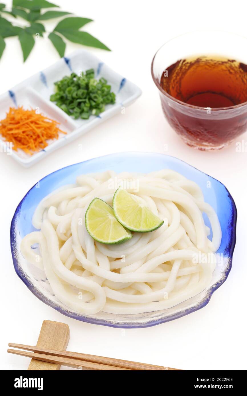 Japanese chilled udon noodles in a glass plate with soy sauce Stock ...