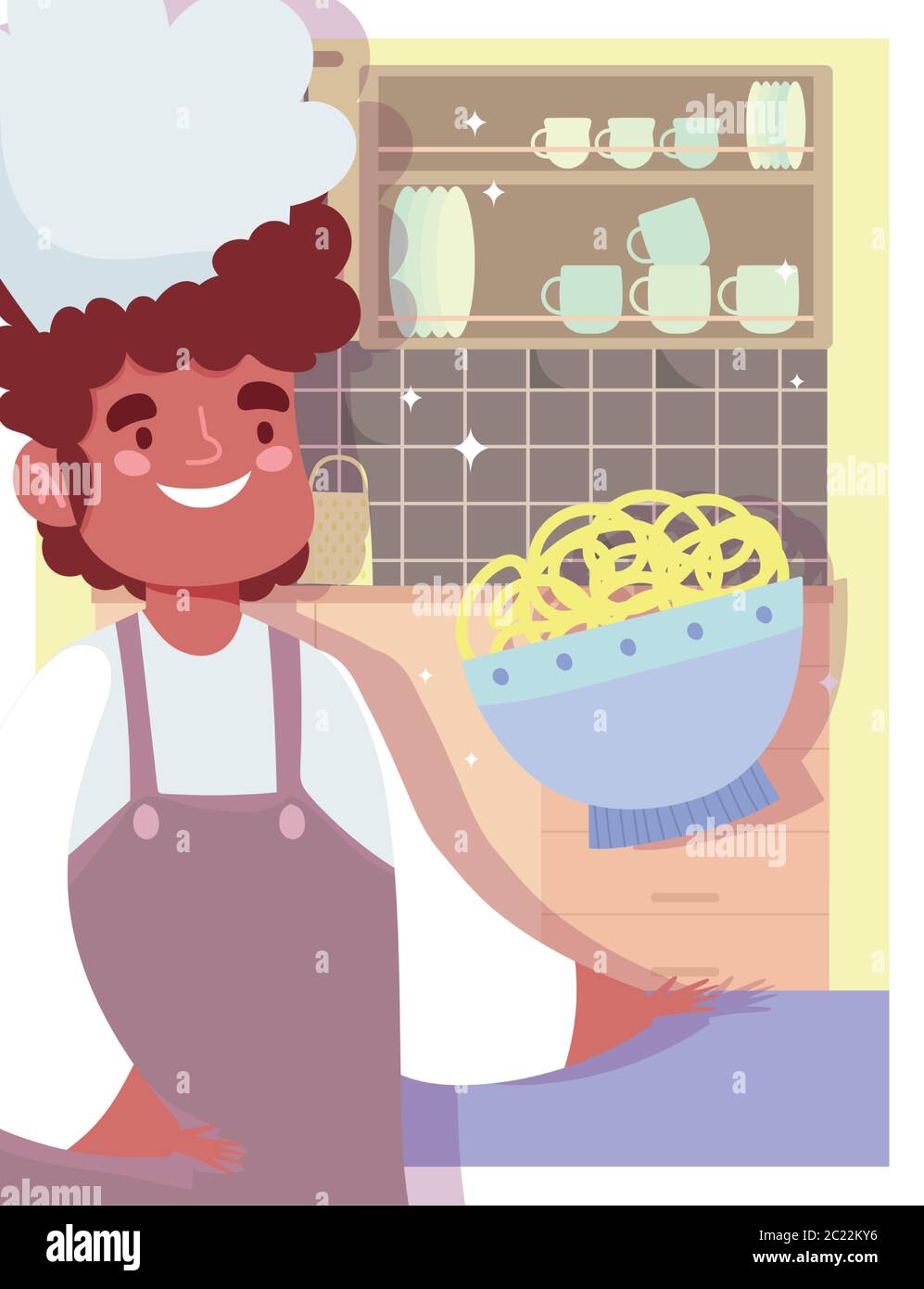 stay home, chef with spaghetti in a bowl cartoon recipe, cooking ...