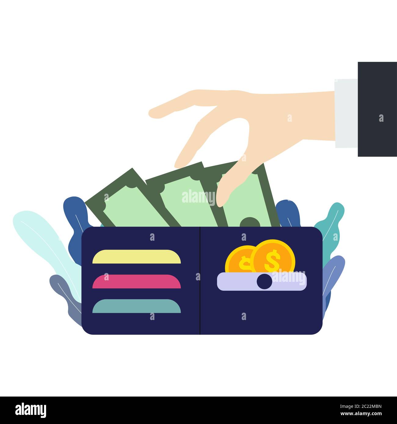 Hand takes a dollar bill from the wallet. Wallet with money in flat ...