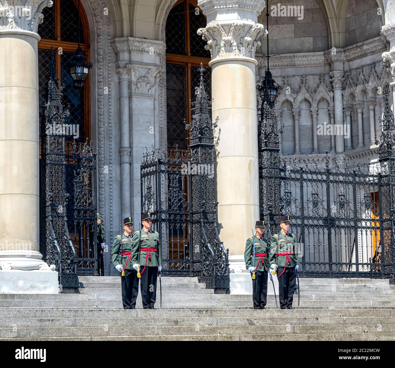 Hungarian guards standing on duty at the entrance of the Hungarian ...