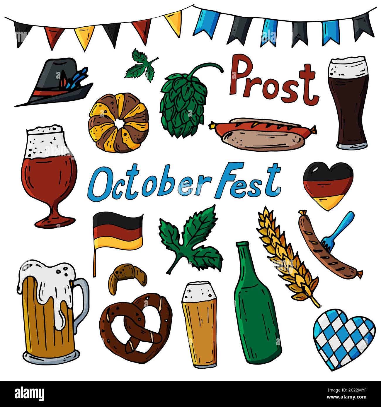 October fest set of vector icons, hand drawn illustration. Beer,hop ...