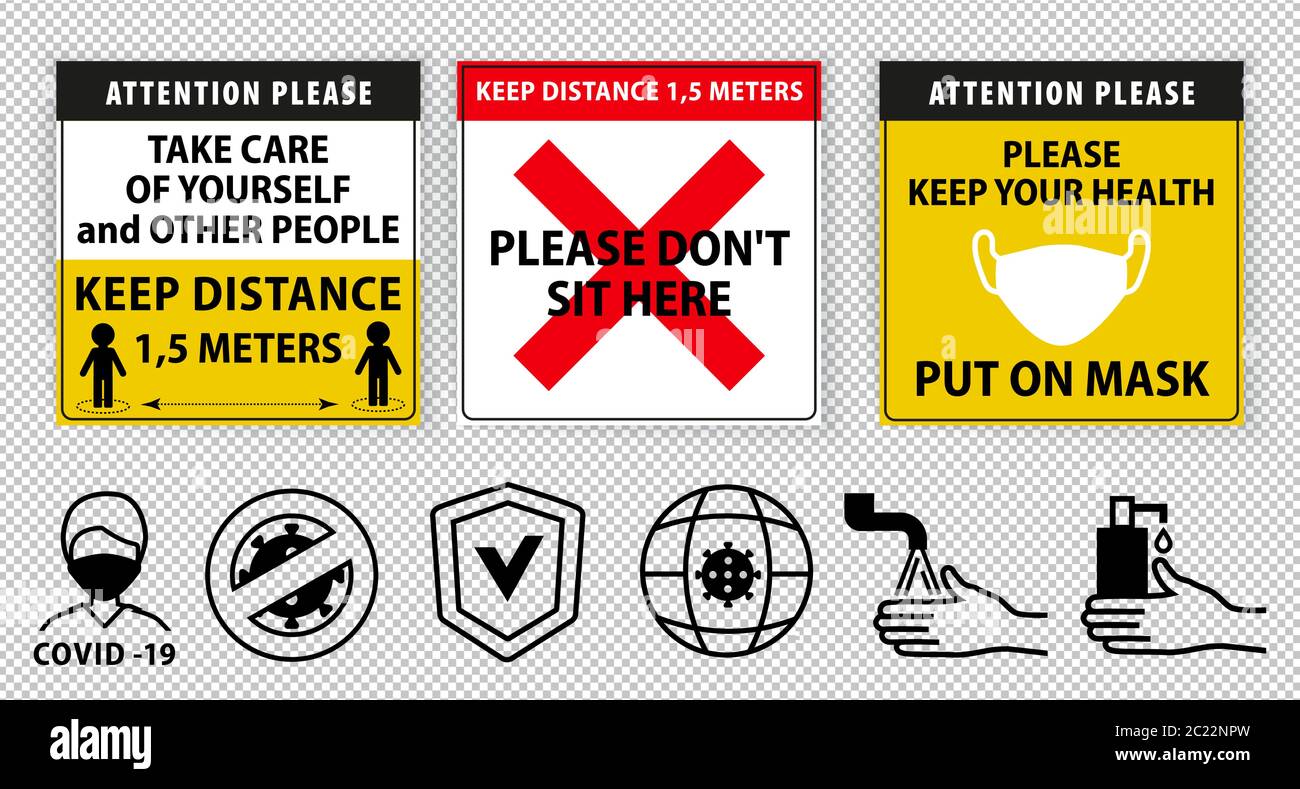 Warning sign. Keep distance 1,5 meter between people Attention please ...