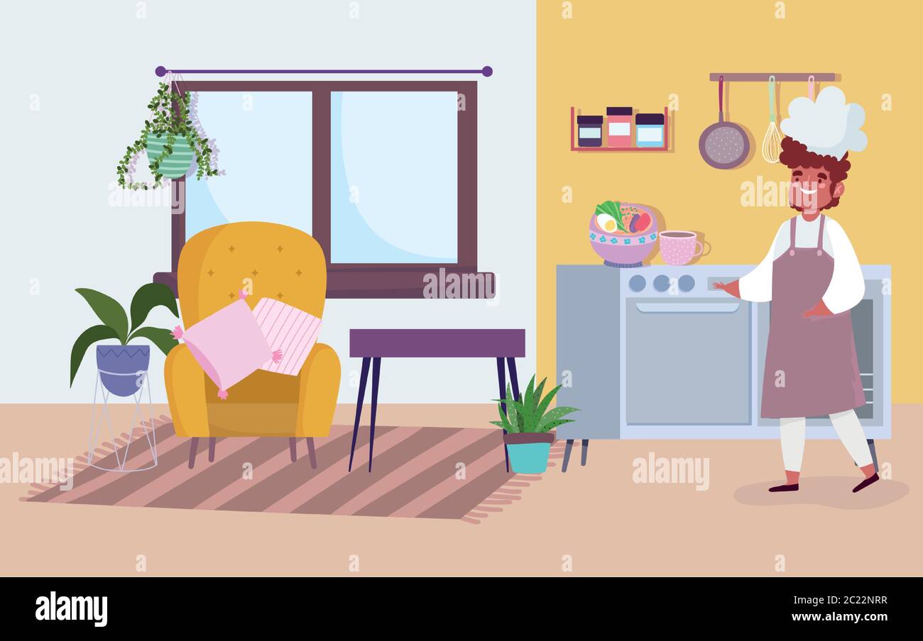 stay at home, man chef making food, cooking quarantine activities ...