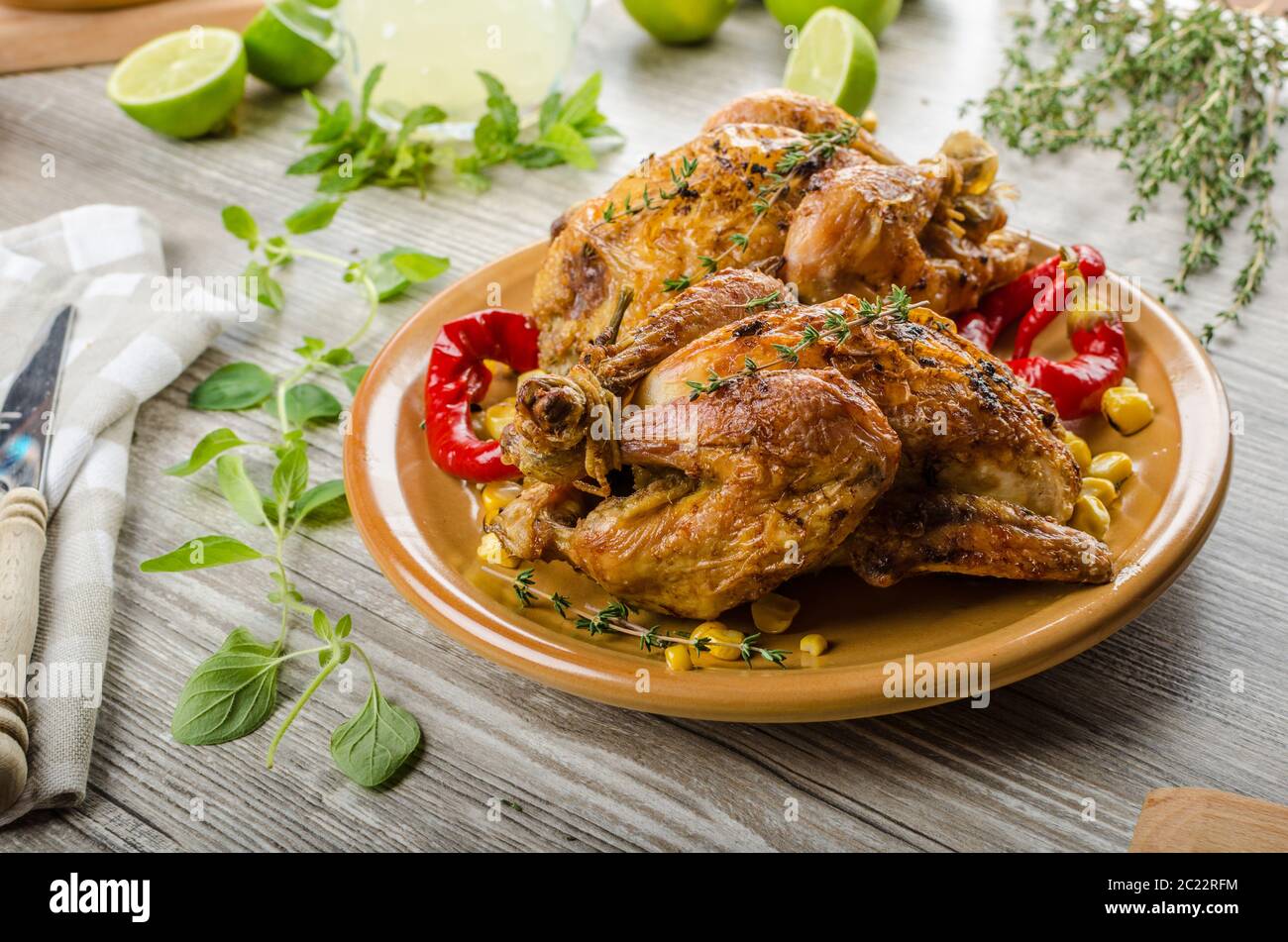Roasted French baby Chicken - Coquelet, with hebs and grilled corn ...