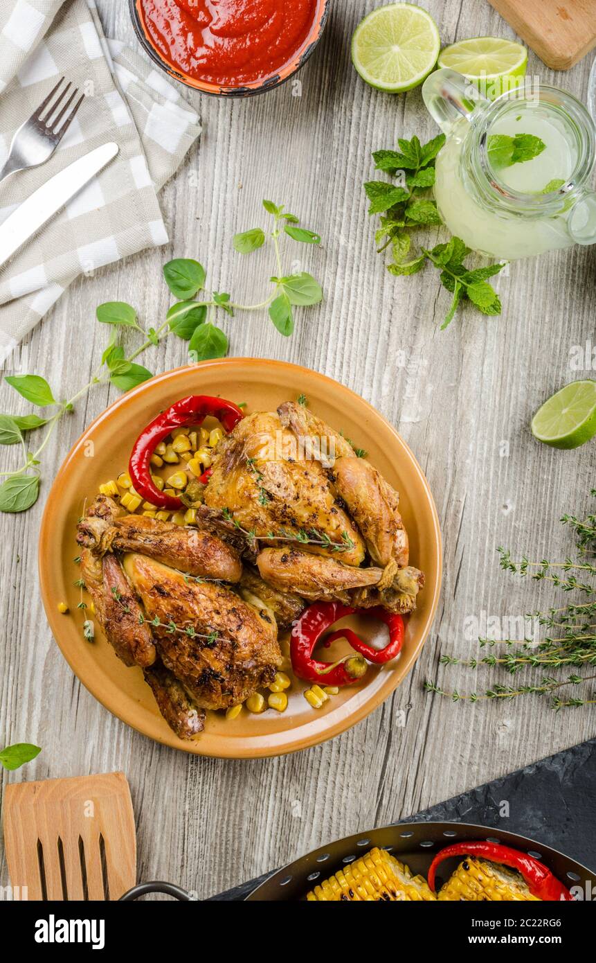 Roasted French baby Chicken - Coquelet, with hebs and grilled corn ...