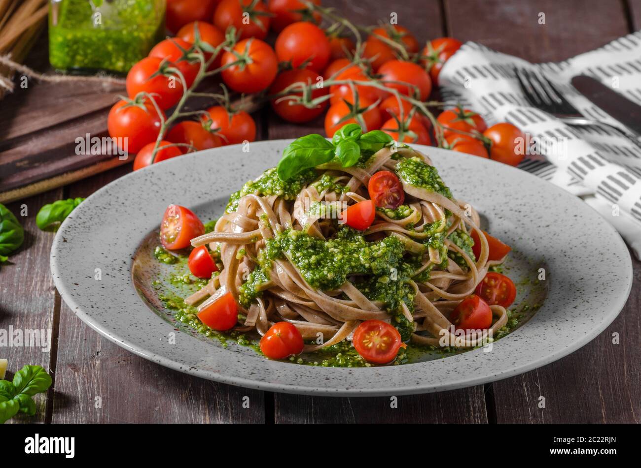 Pasta with basil pesto and parmesan, french parmesan basil pesto with ...