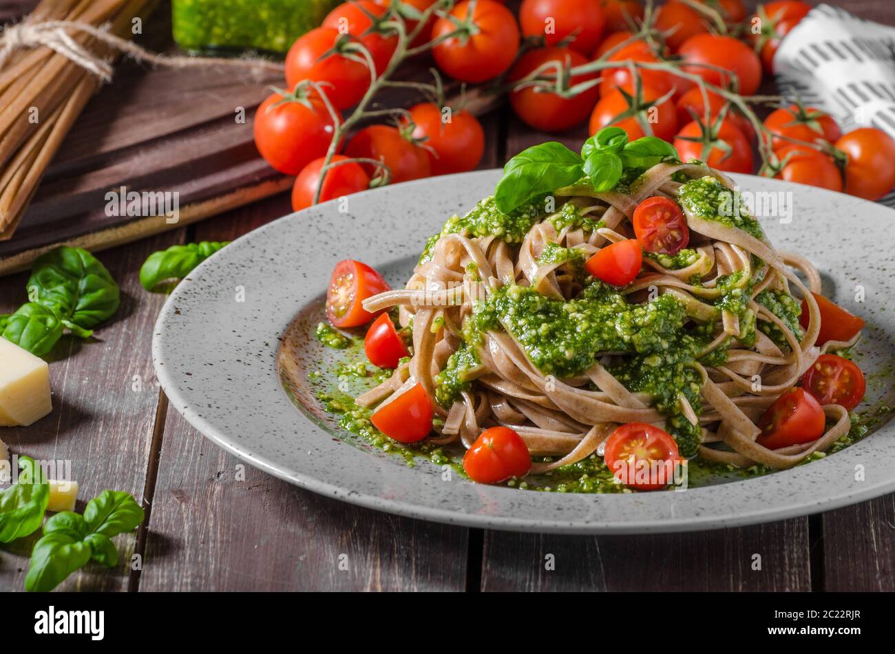 Pasta with basil pesto and parmesan, french parmesan basil pesto with ...