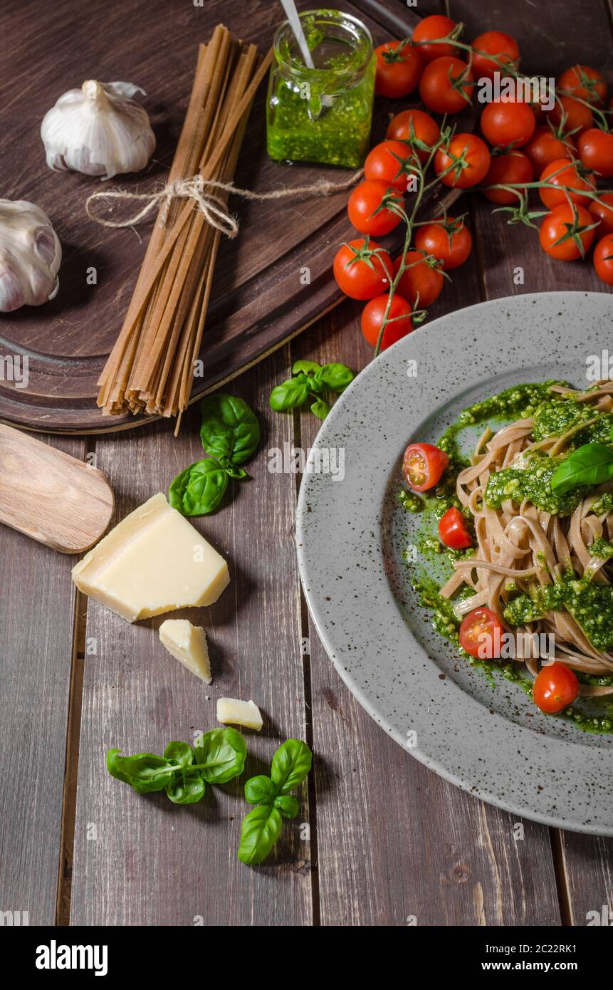 Pasta with basil pesto and parmesan, french parmesan basil pesto with ...