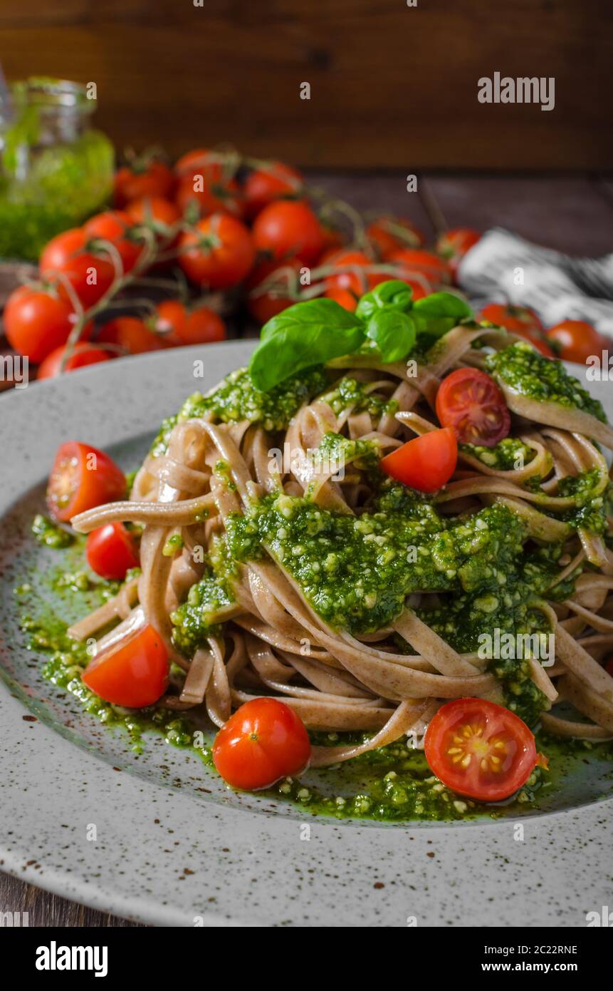 Pasta with basil pesto and parmesan, french parmesan basil pesto with ...