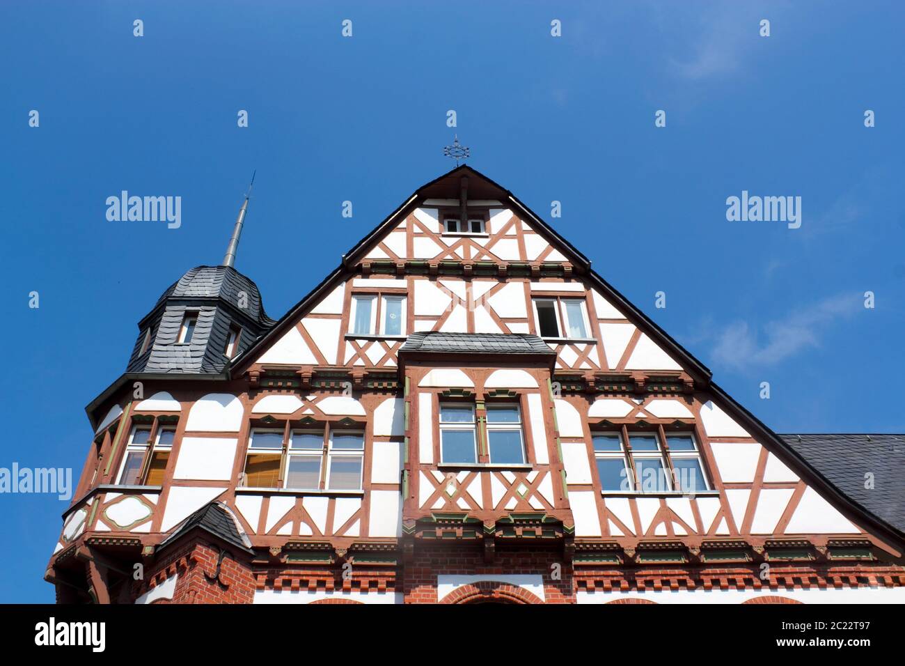 Half-timbered house with roof tower Stock Photo - Alamy