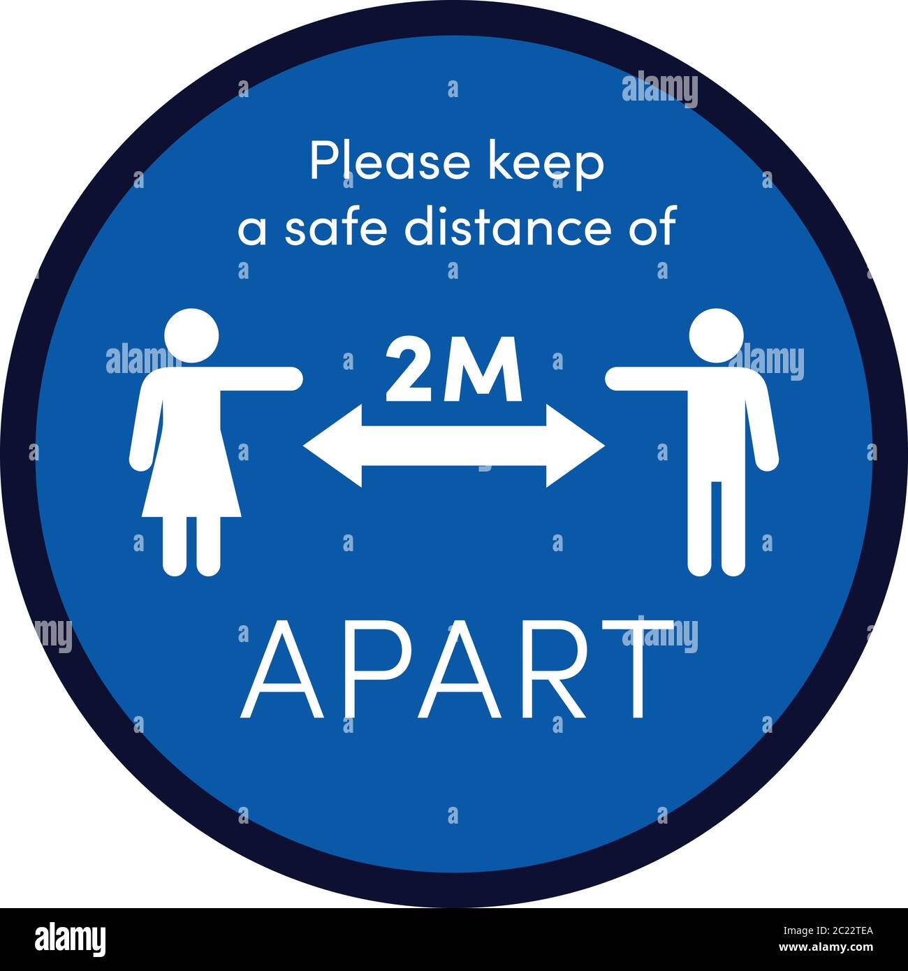 Sticker with the text, please keep a safe distance of 2M. Blue round ...