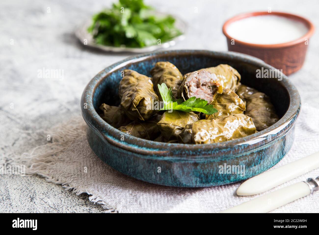 Traditional dolma (sarma) in grape leaves with copyspace. Lebanon ...
