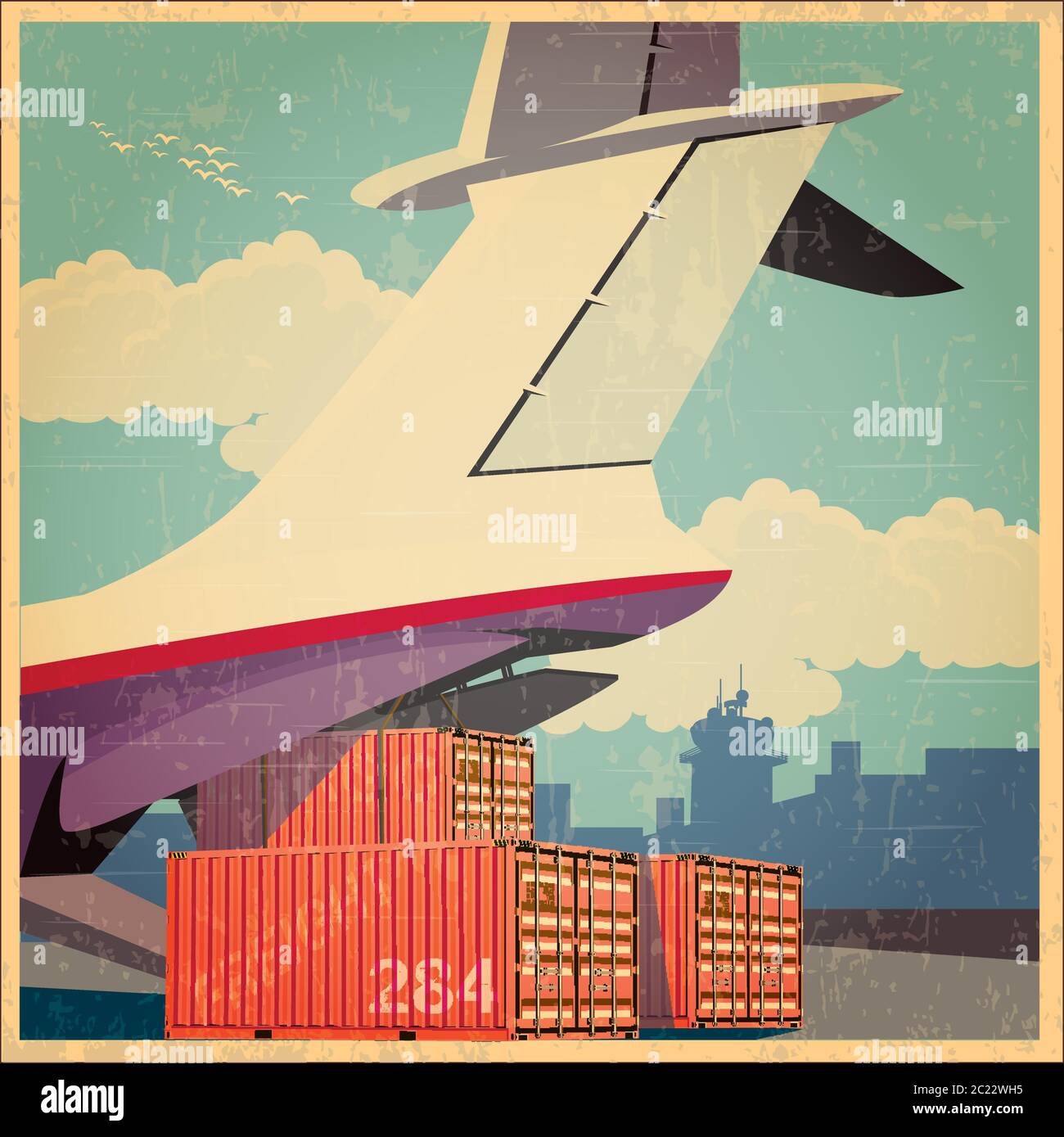 Vector illustration on the theme of air cargo. Plane at the time of ...