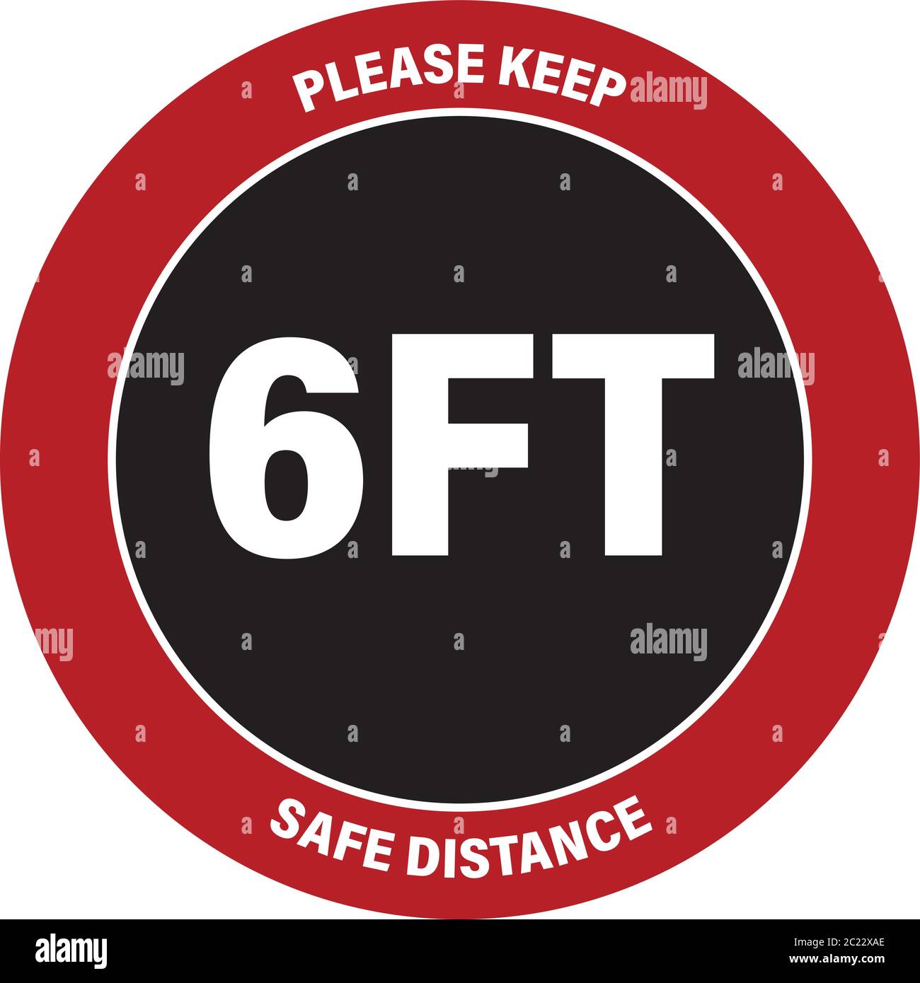 Sticker with the text, please keep 6ft safe distance. Red round sticker ...