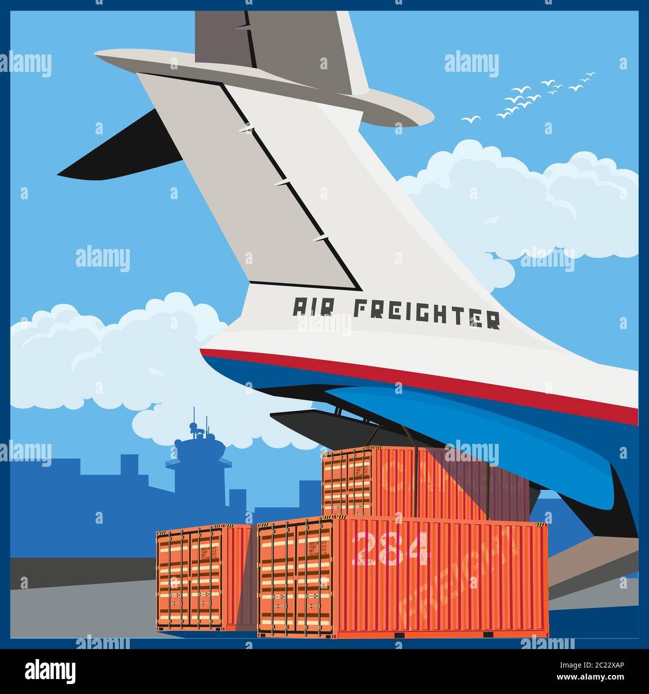 Vector illustration on the theme of air cargo. Loading of containers on ...