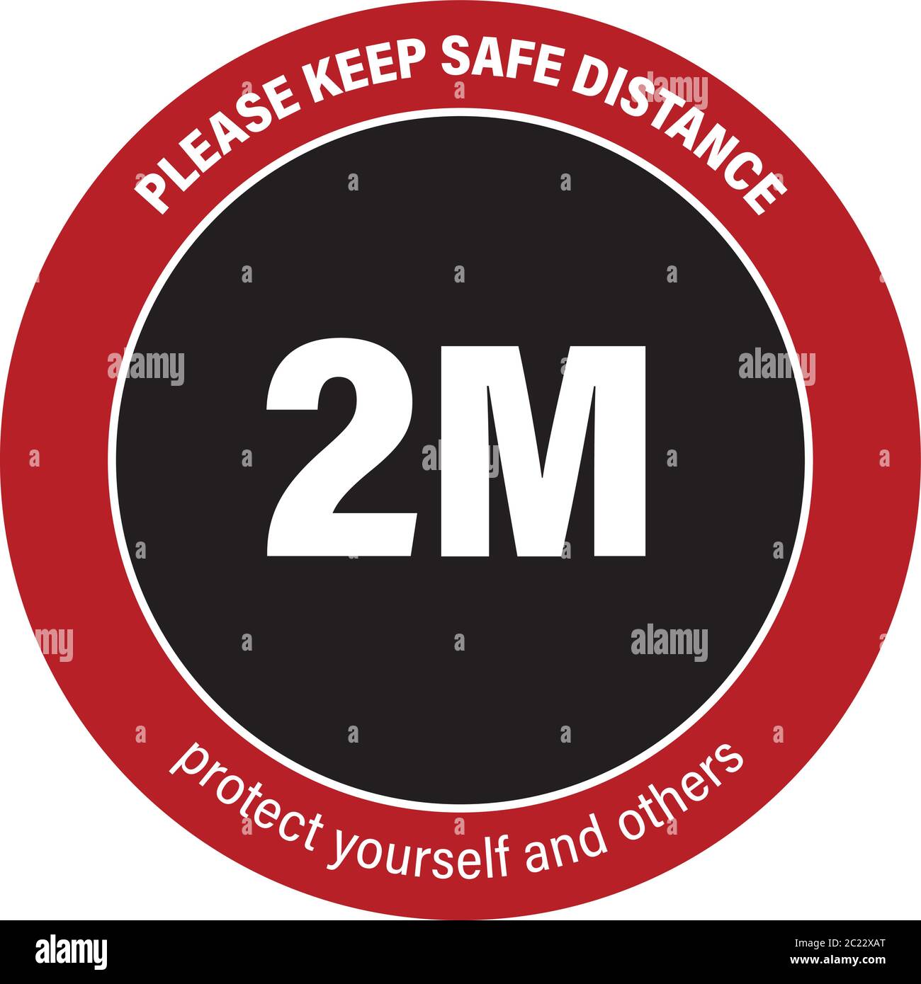 Sticker with the text, please keep 2M safe distance. Red round sticker ...
