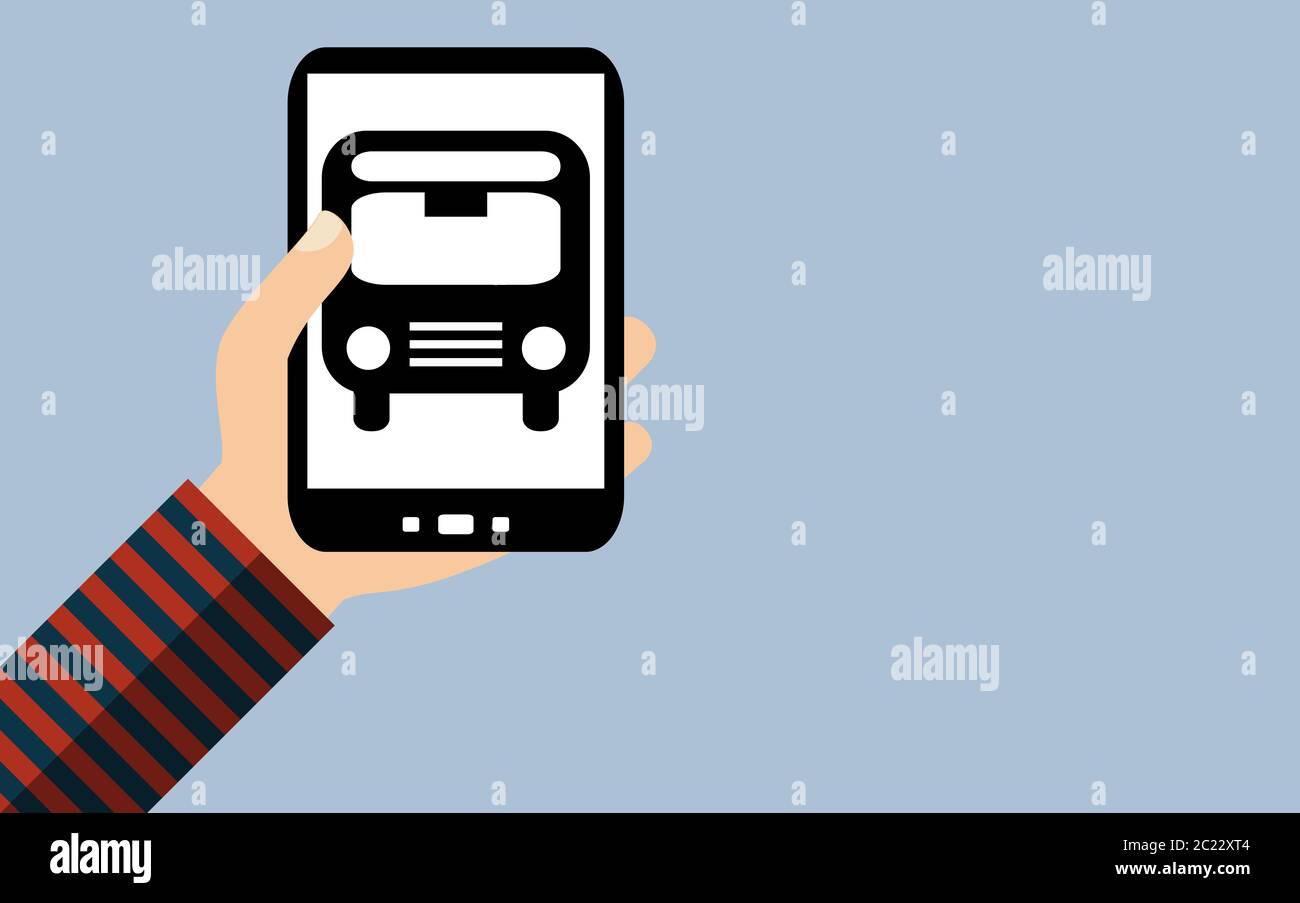 Hand holding Smartphone with Bus Symbol - Flat Design Stock Photo - Alamy