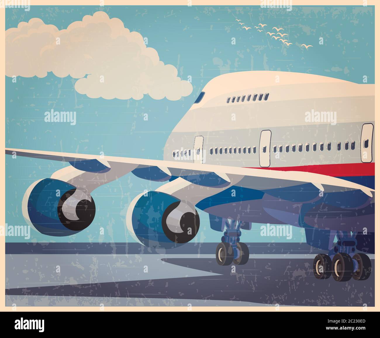 Stylized vector illustration on the theme of civil aviation. Modern jet ...