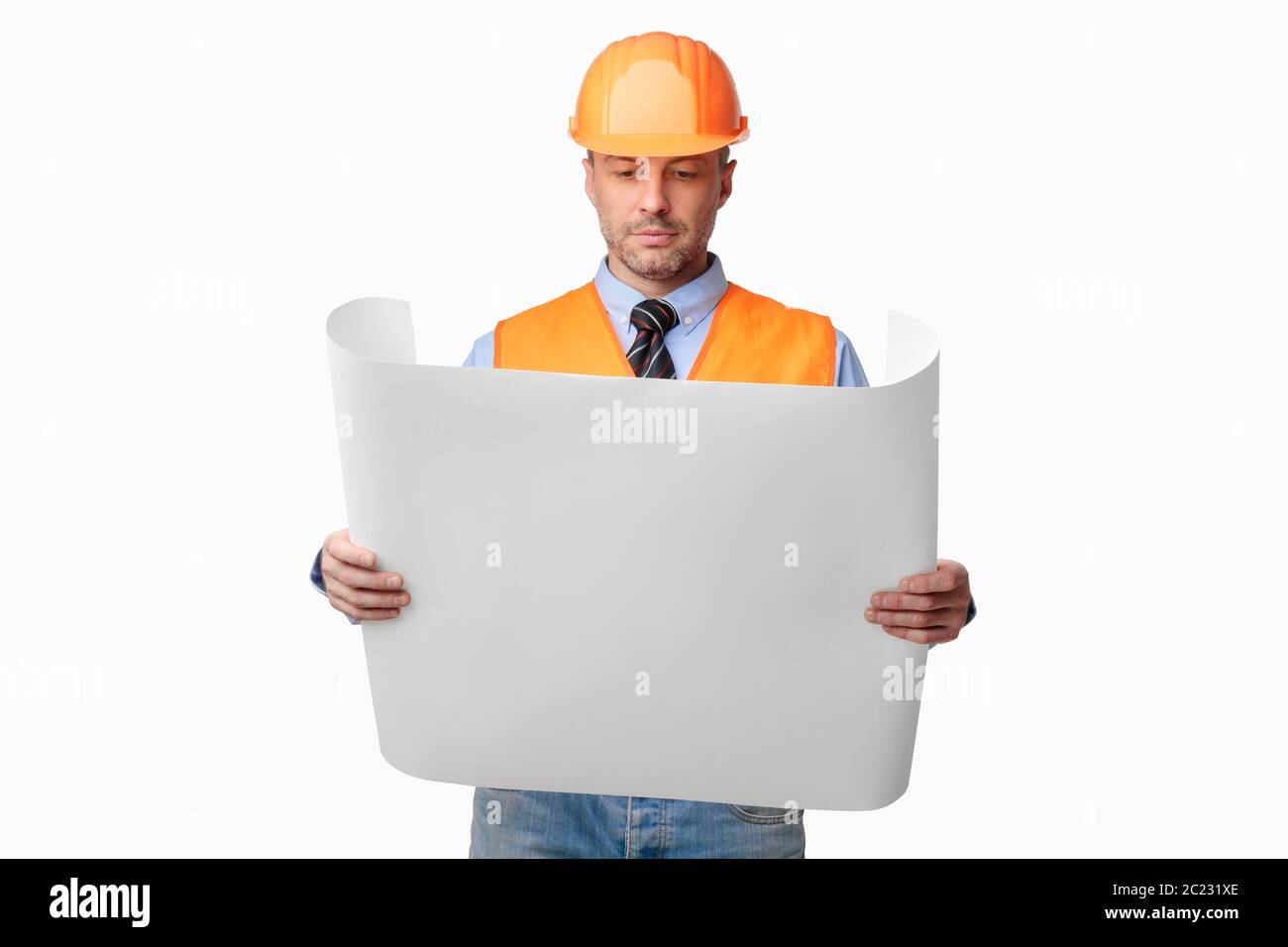 Building Engineer Man Holding House Plan Over White Background, Studio ...