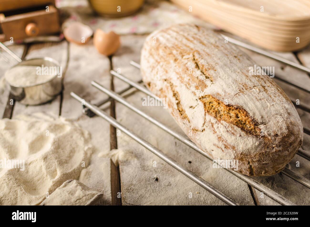 Homemade rustic bread, baked in oven, wheat leaven, breaded in a basket ...