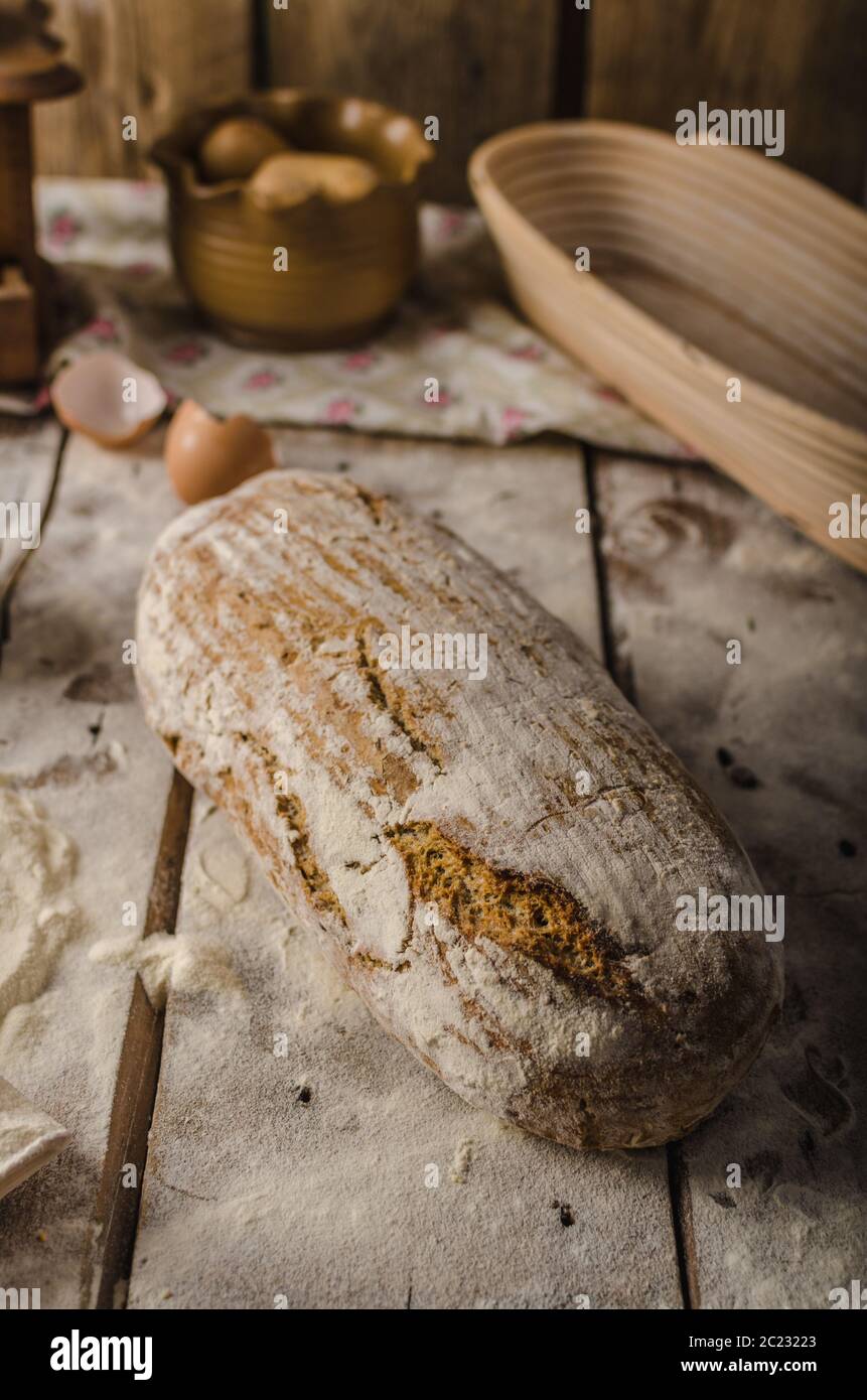 Homemade rustic bread, baked in oven, wheat leaven, breaded in a basket ...