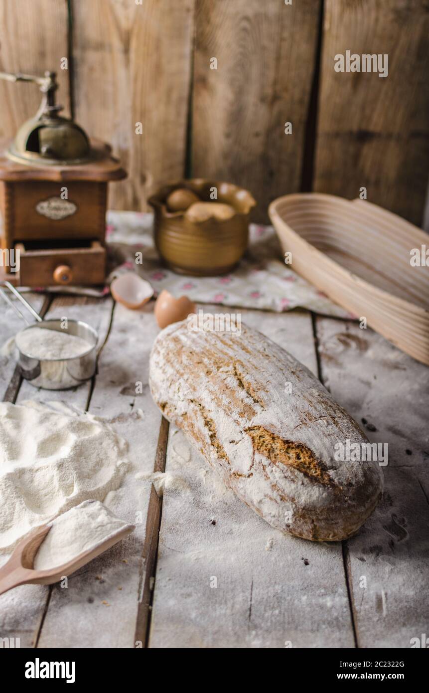 Homemade rustic bread, baked in oven, wheat leaven, breaded in a basket ...