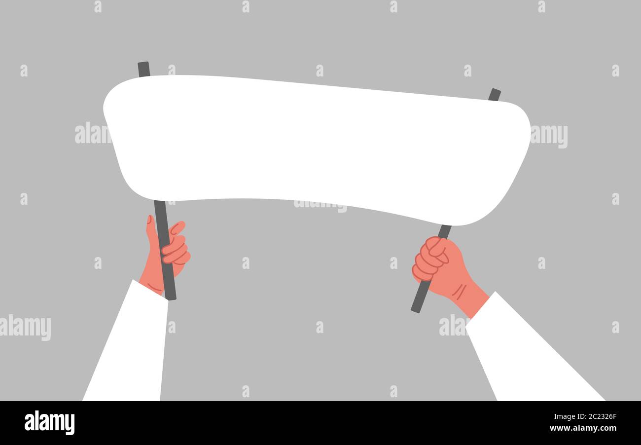 Vector illustration of people hands with blank poster banner or protest ...