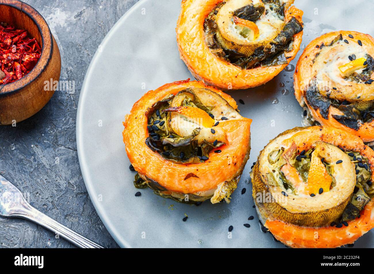 Salmon and pike perch fish roses.Banquet fish dish Stock Photo - Alamy