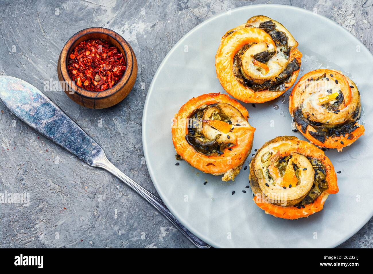 Salmon and pike perch fish roses.Banquet fish dish Stock Photo - Alamy