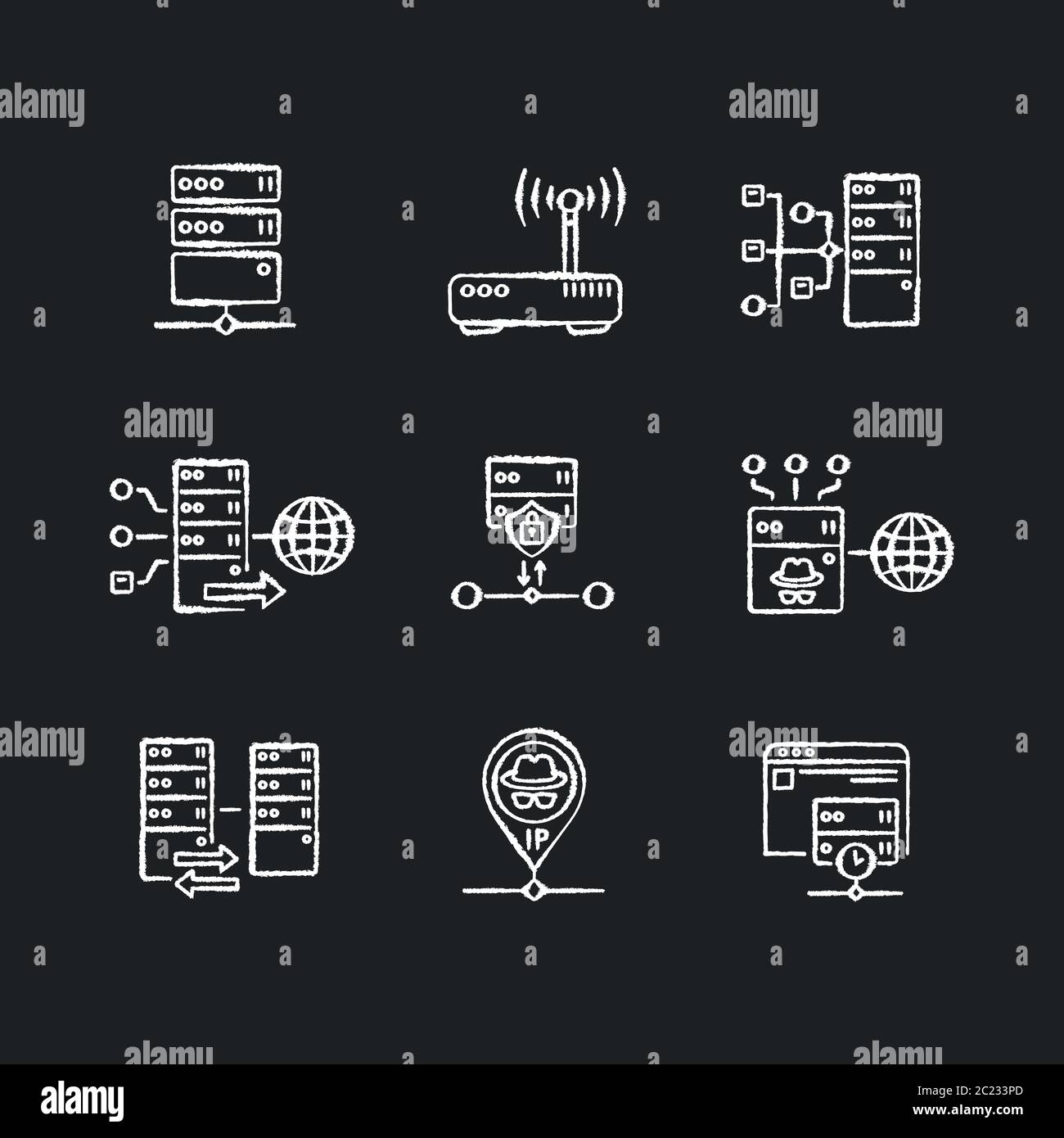 Virtual proxy servers chalk white icons set on black background Stock ...