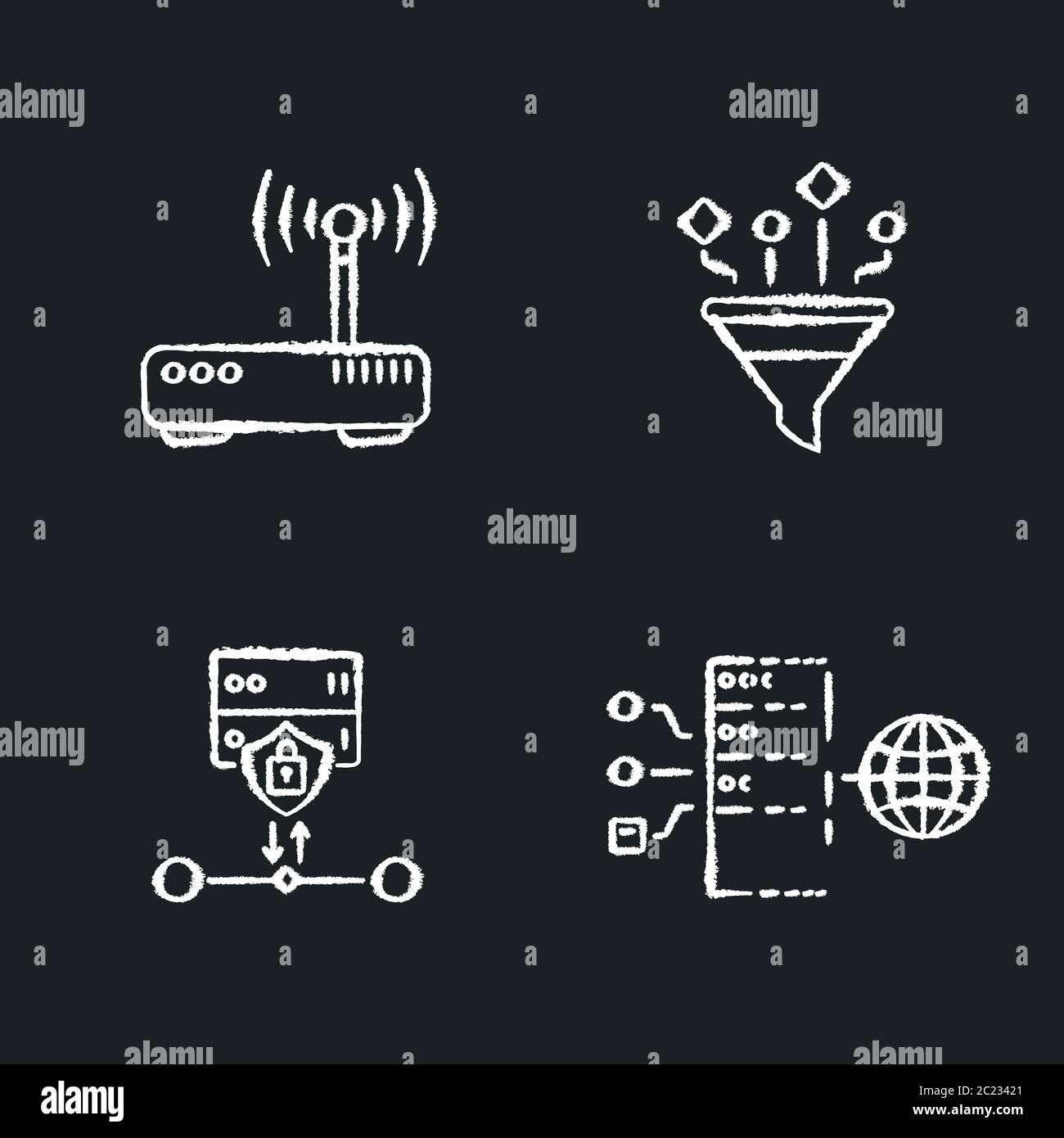 Cybersecurity chalk white icons set on black background Stock Vector ...