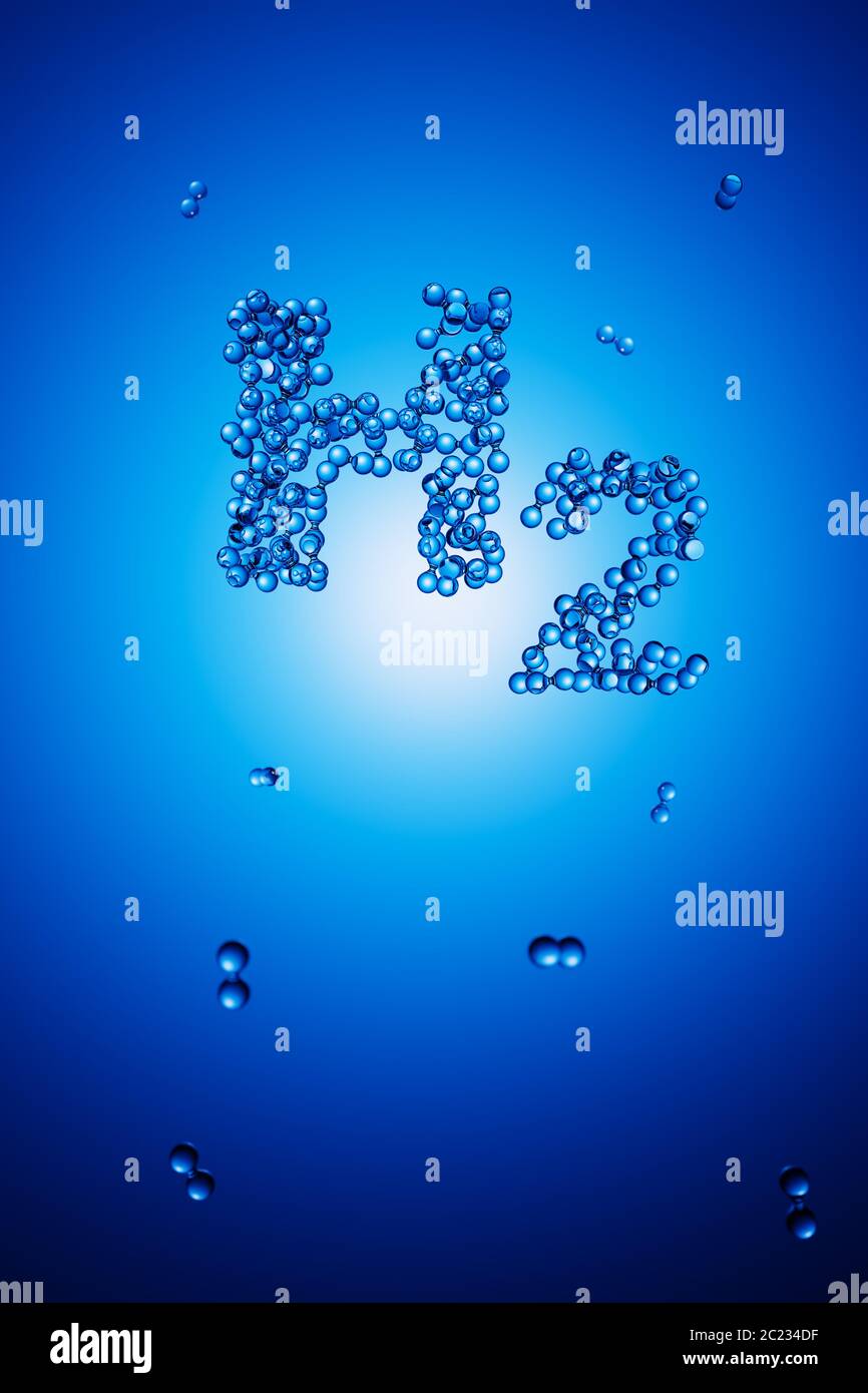 3d render: Abstract hydrogen molecules H2 forming the letters "H2" in ...