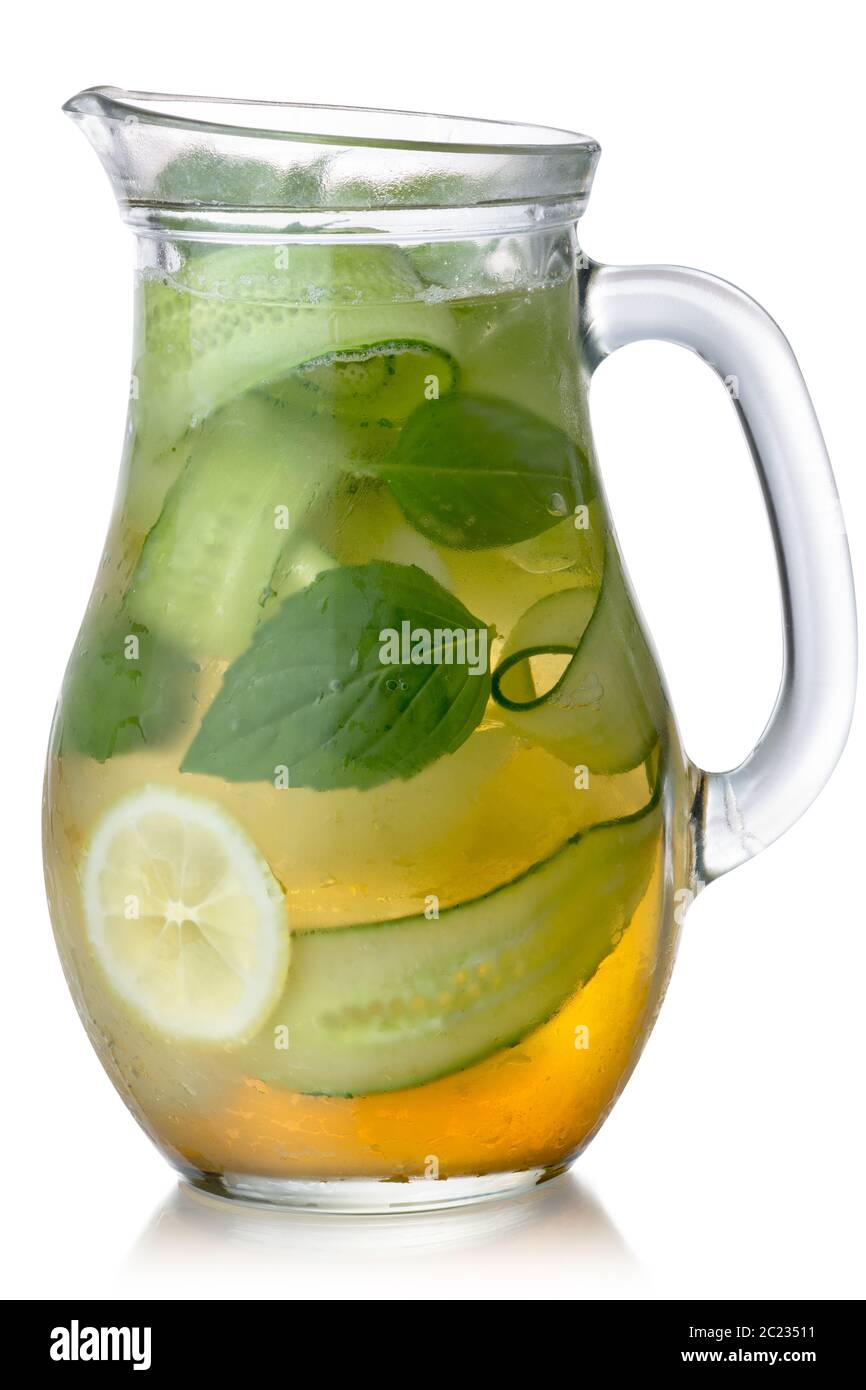Cucumber Basil lemonade in a glass pitcher, iced, isolated Stock Photo ...