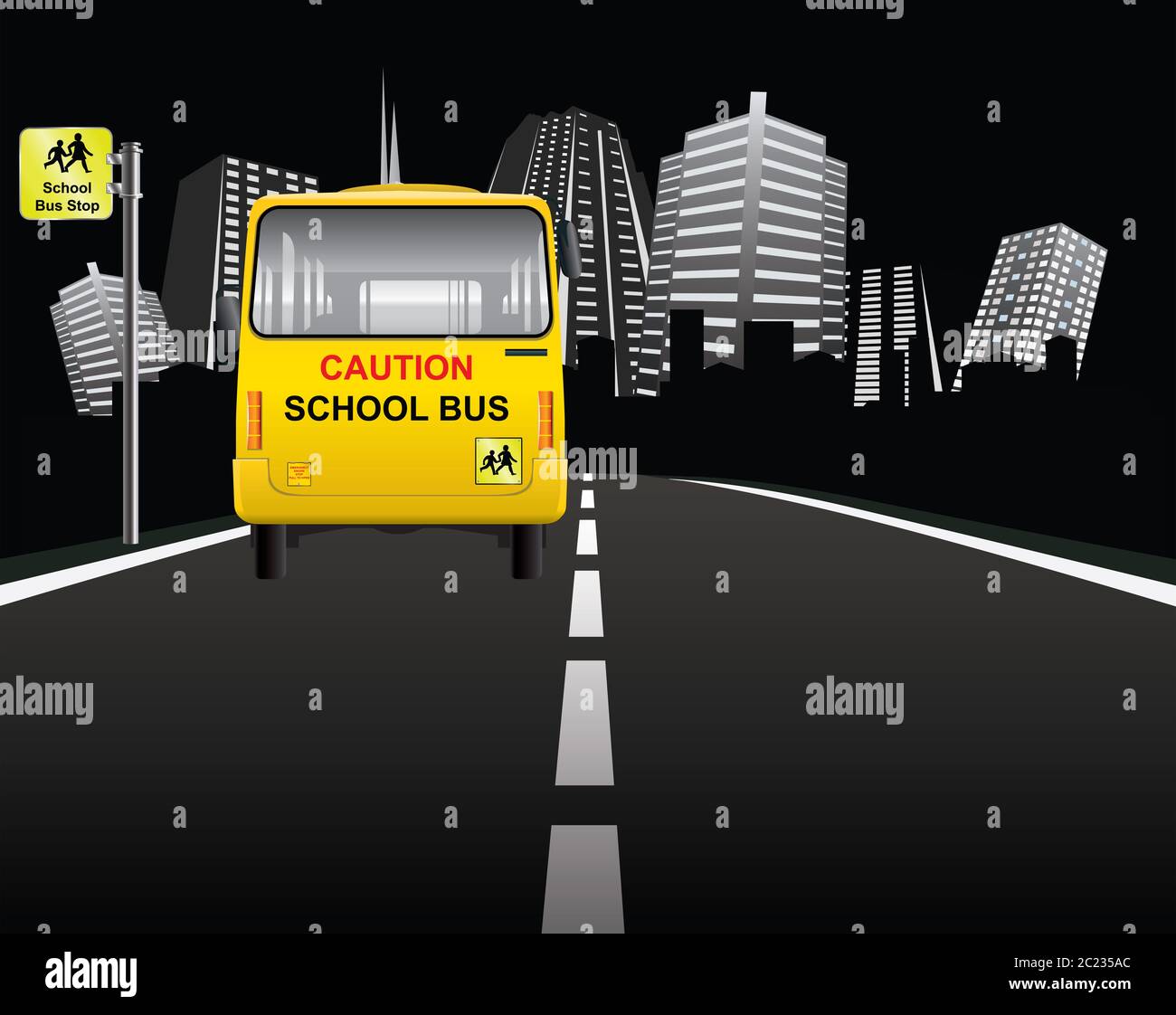 School bus stop with vehicle entering generic city Stock Photo - Alamy