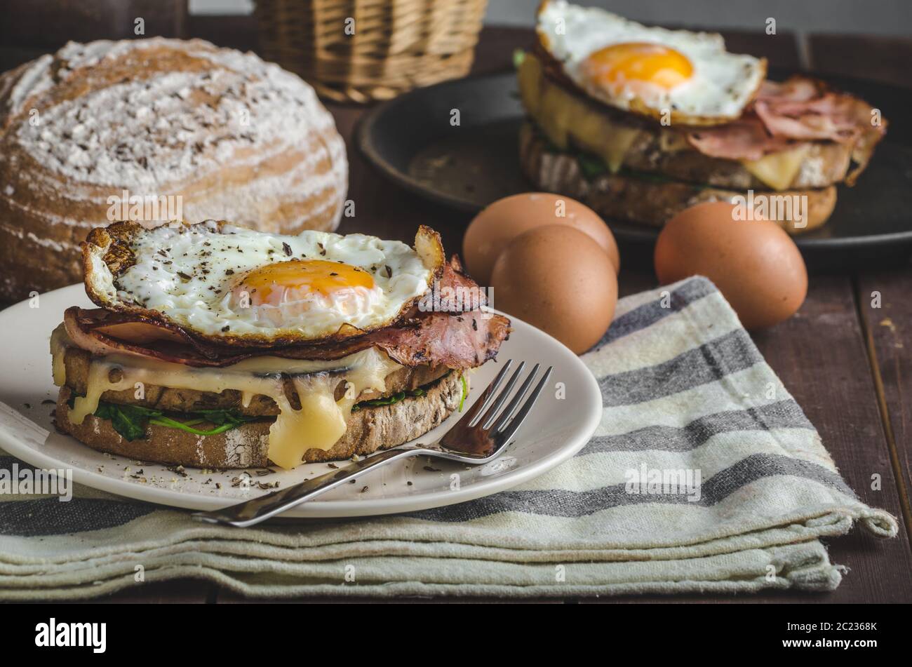 Croque madame delicious french breakfast with ham, cheese, egg and ...