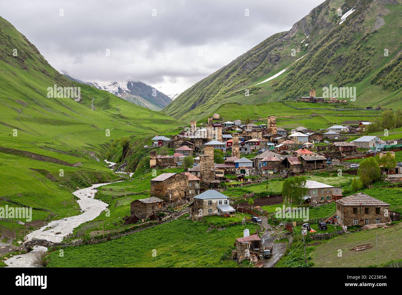Medieval village houses with towers in Ushguli, in the Caucasus ...