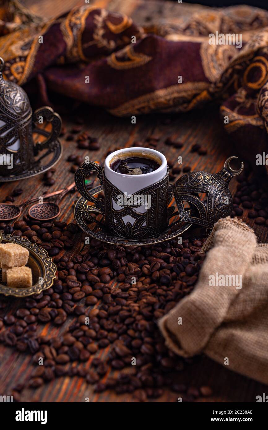 Turkish coffee with traditional embossed metal saucer and cup Stock ...