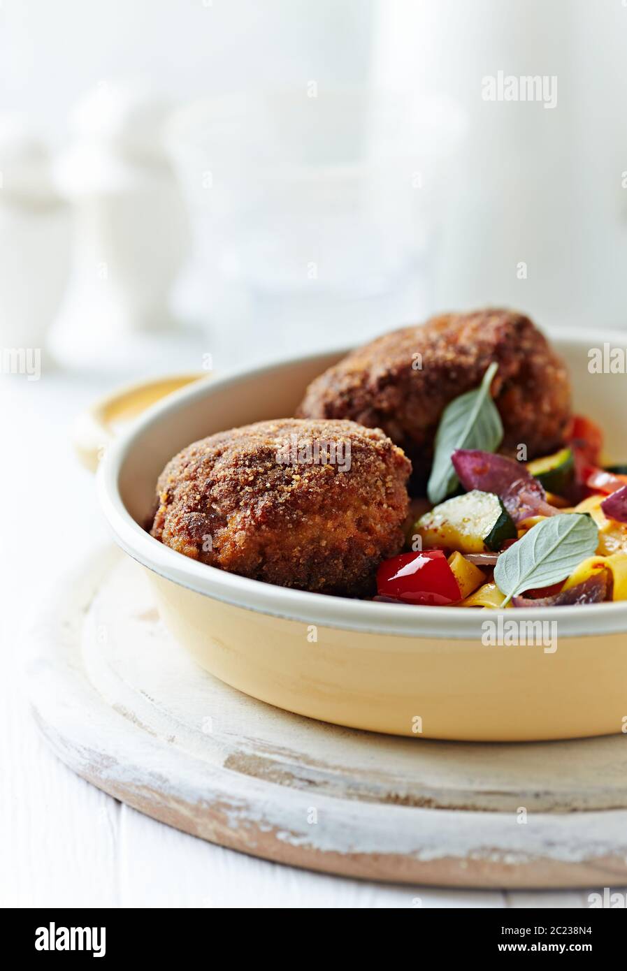 Fried Breaded Meatballs with Pappardelle Pasta, Vegetables and fresh ...