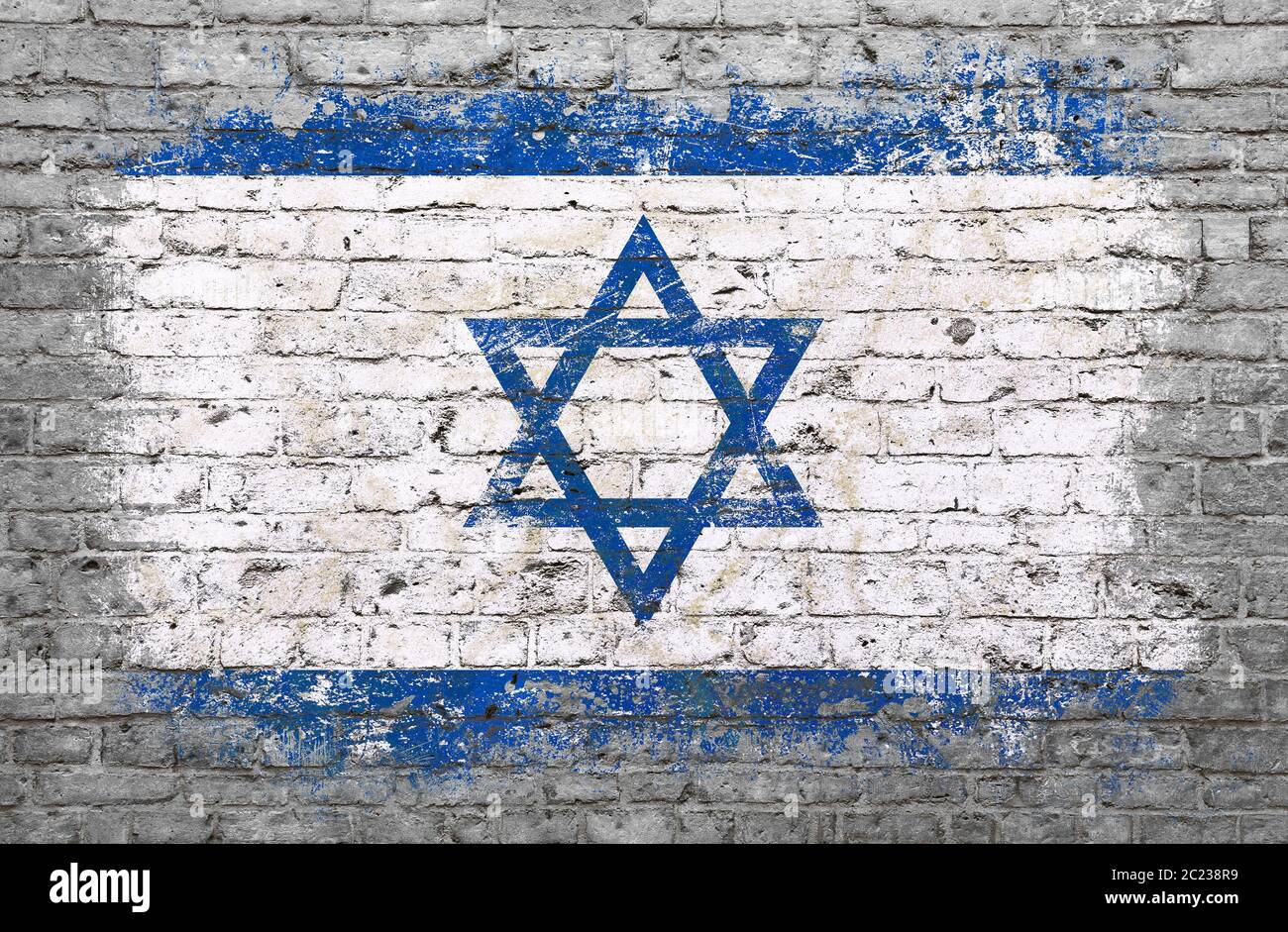 Grunge distressed flag of Israel painted on old weathered grey brick ...