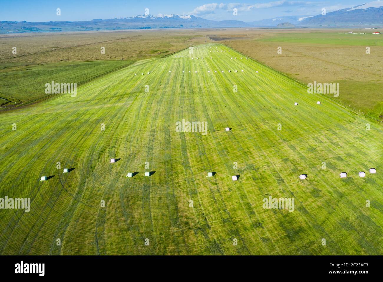 Aerial view of round hay bales Stock Photo - Alamy