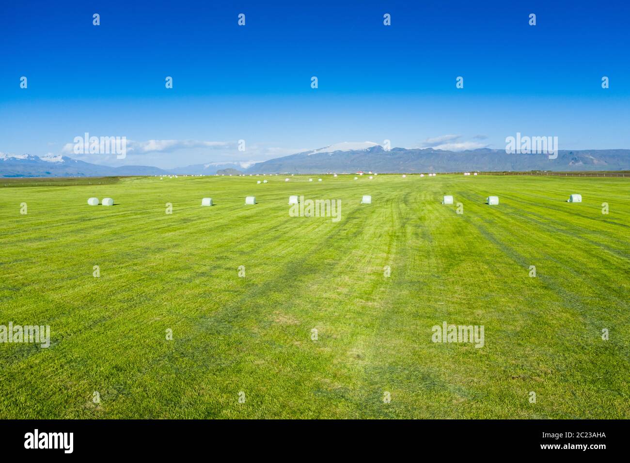 Aerial view of round hay bales Stock Photo - Alamy